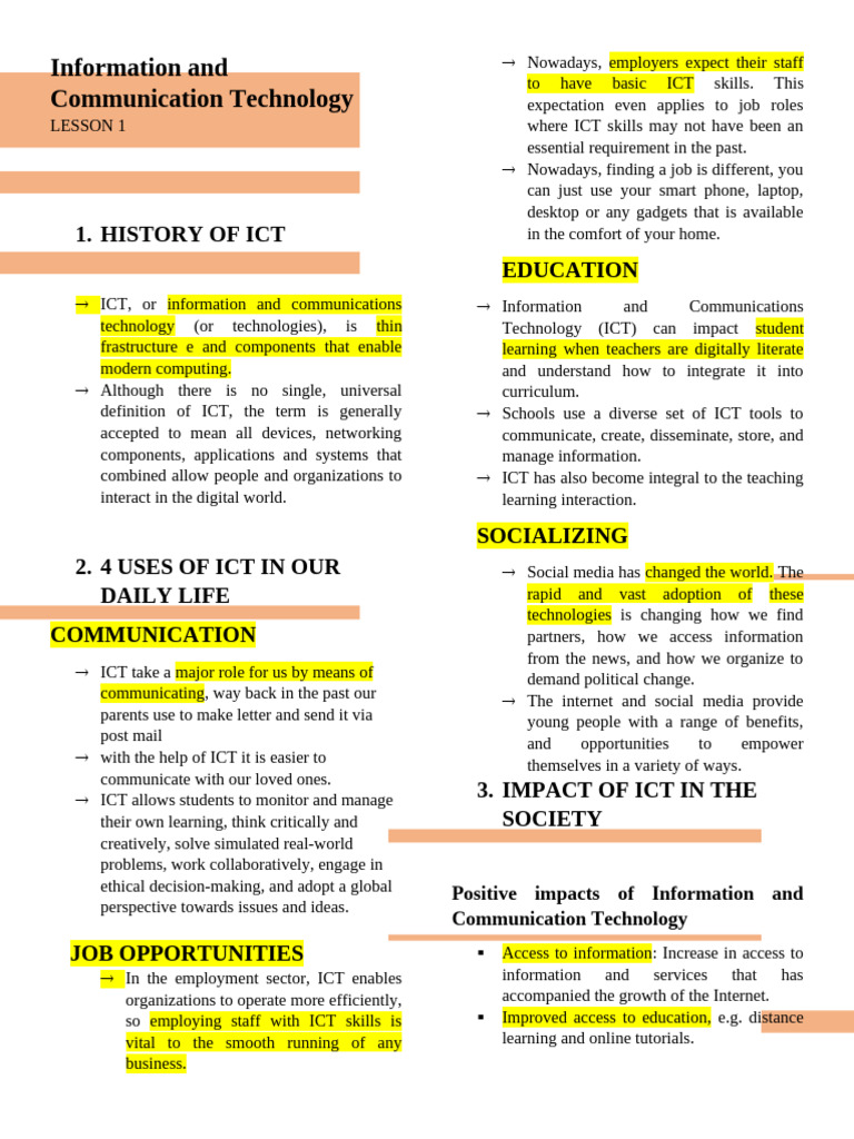 Information and Communication Technology Lesson 1 and 2 | PDF ...