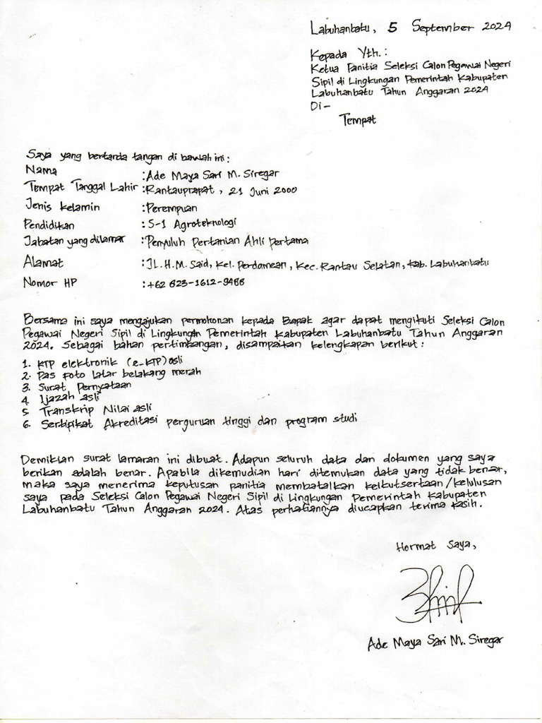 Surat Lamaran Ade Maya Sari | PDF