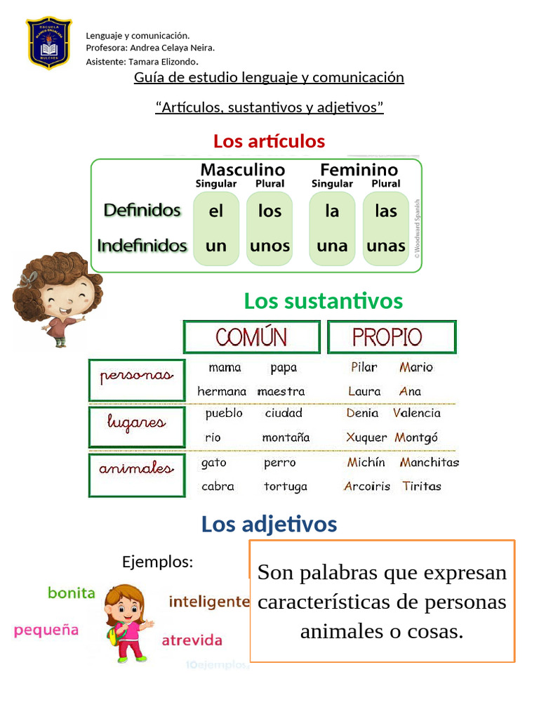 Guía de Estudio Artículo, Sustantivo y Adjetivo | PDF
