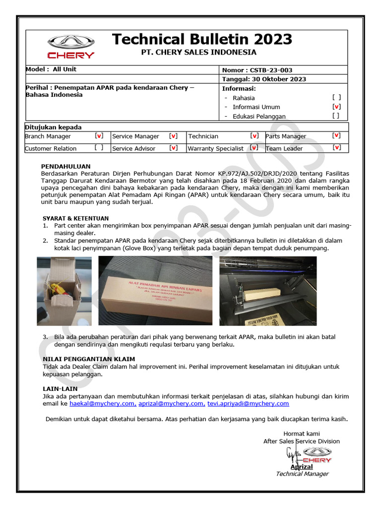 CSTB-23-003 - Petunjuk Penempatan APAR Kendaraan Chery | PDF