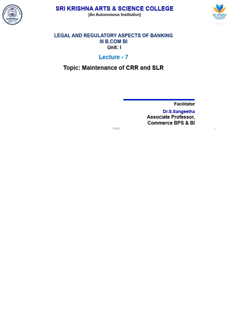 Lecture 7 - CRR and SLR | PDF | Reserve Bank Of India | Banking