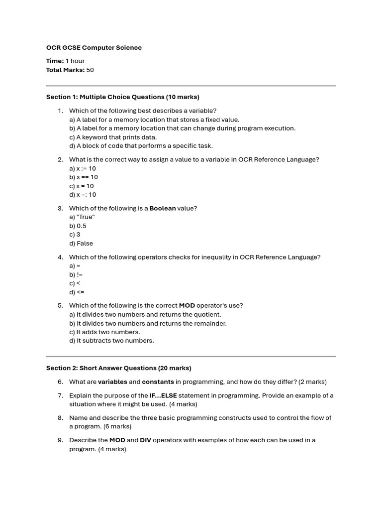 OCR GCSE Computer Science - Quiz 01 | PDF