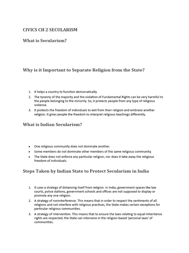 CH 2 Civics Secularism | PDF | Secularism | Separation Of Church And State