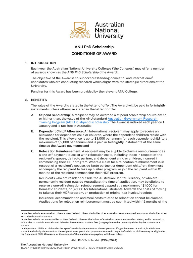ANU PHD Scholarship - Conditions of Award 130a2024 | PDF | Doctor Of ...