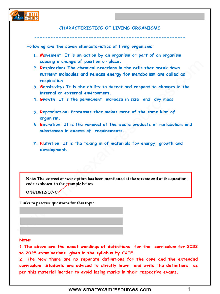 1.1 IGCSE Biology Notes Characteristics of Living Organisms | PDF ...