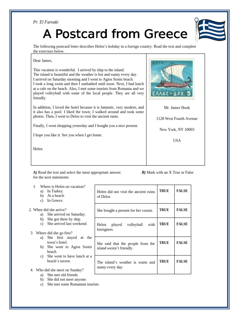 A Postcard Letter From Greece Reading Comprehension Exercises - 53724 ...
