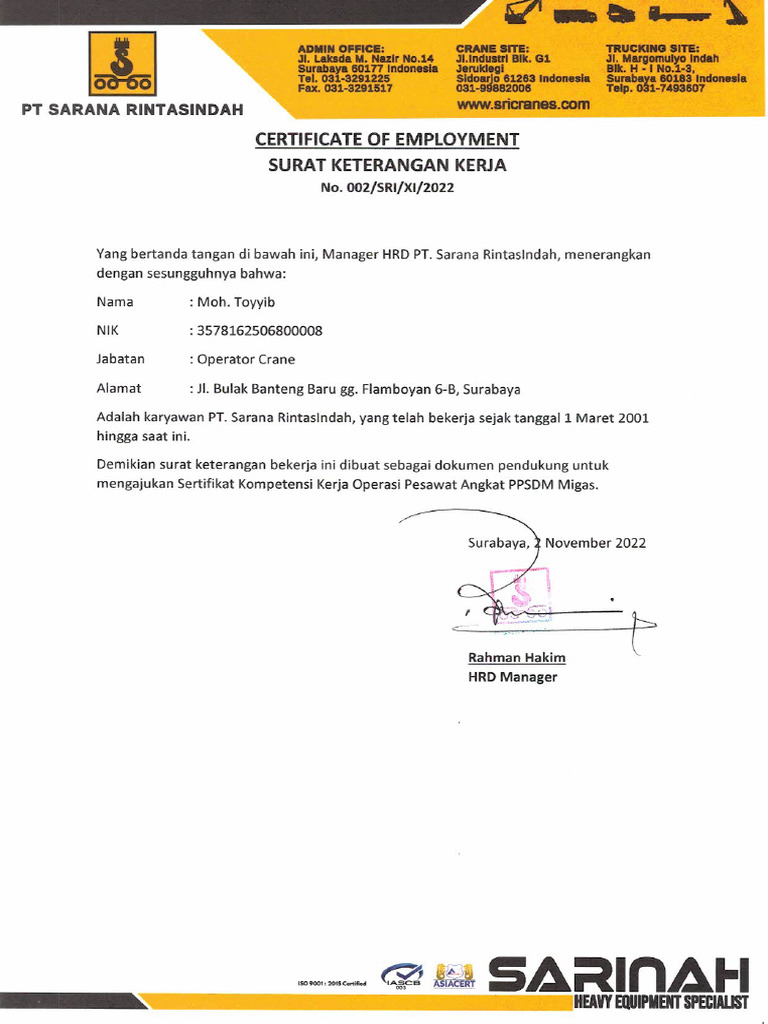 Certificate of Employment Toyyib_20221102 | PDF