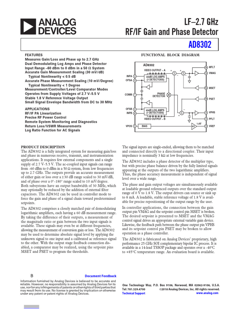 AD8302 Gain and Phase Detector Overview | PDF | Decibel | Electrostatic ...