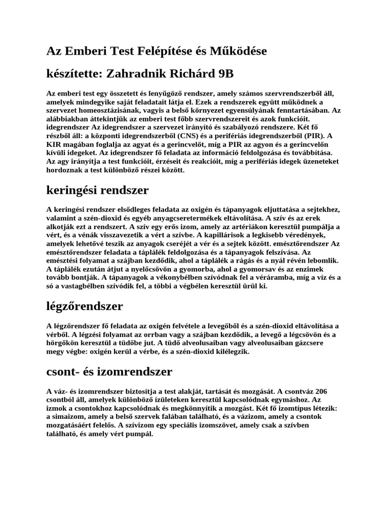 Az Emberi Test Felépítése És Működése | PDF