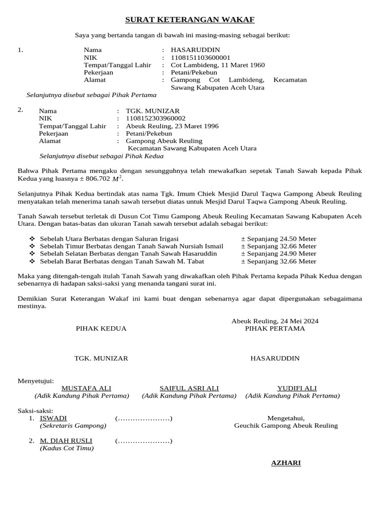 Surat Wakaf Tanah Sawah Aceh Utara | PDF