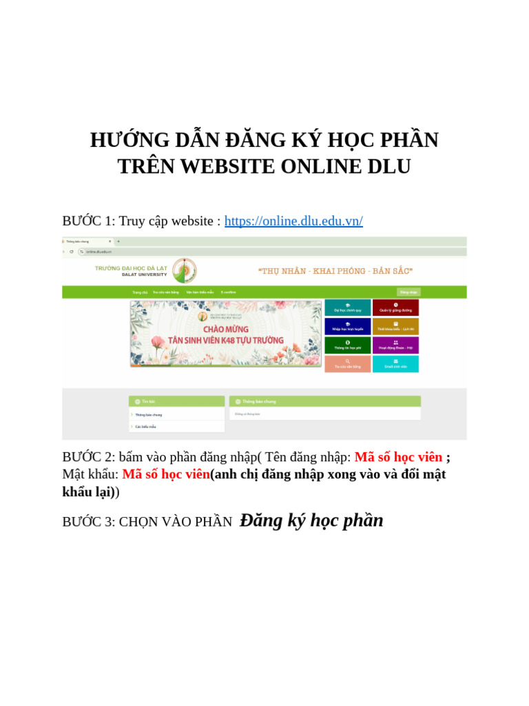 Hướng Dẫn Đăng Ký Học Phần Trên Website Online Dlu | PDF