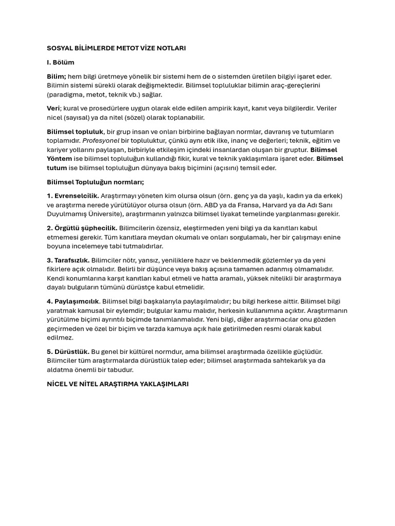 Sosyal Bi̇li̇mlerde Metot Vi̇ze Notlari | PDF