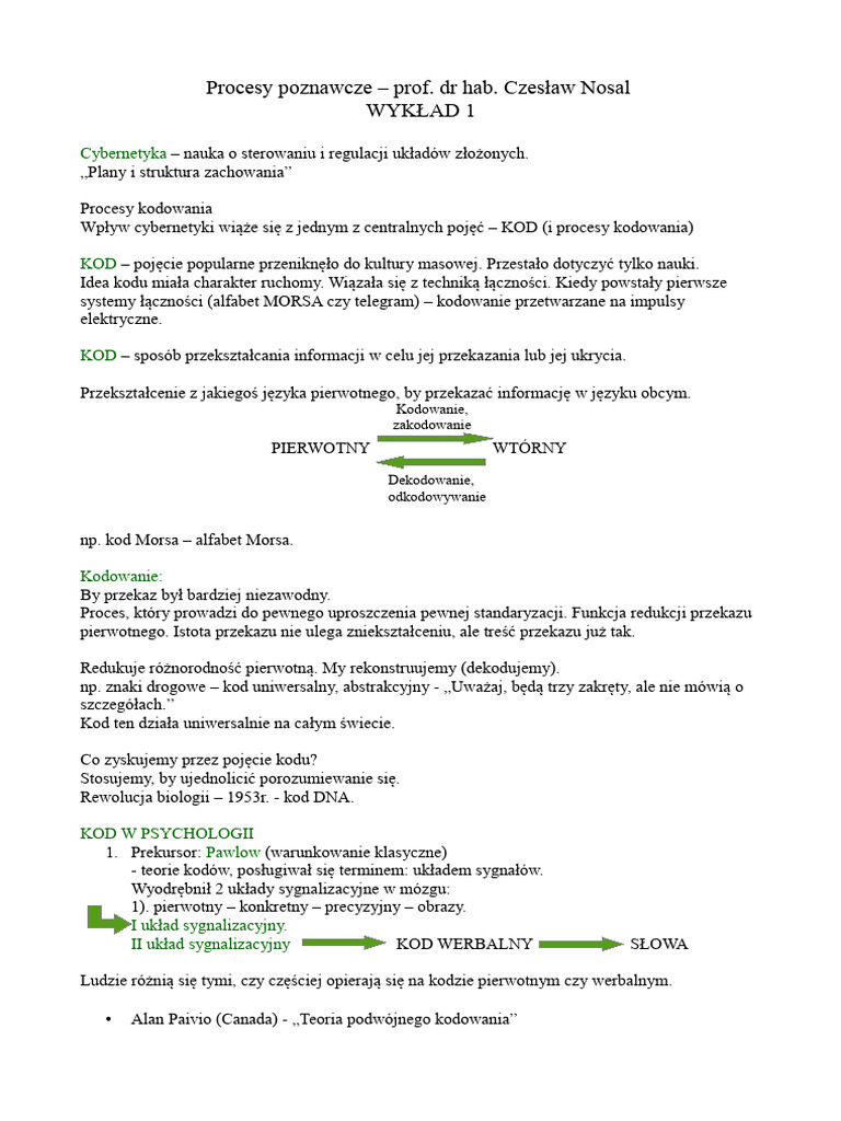 Procesy Poznawcze - Wykład 1 | PDF