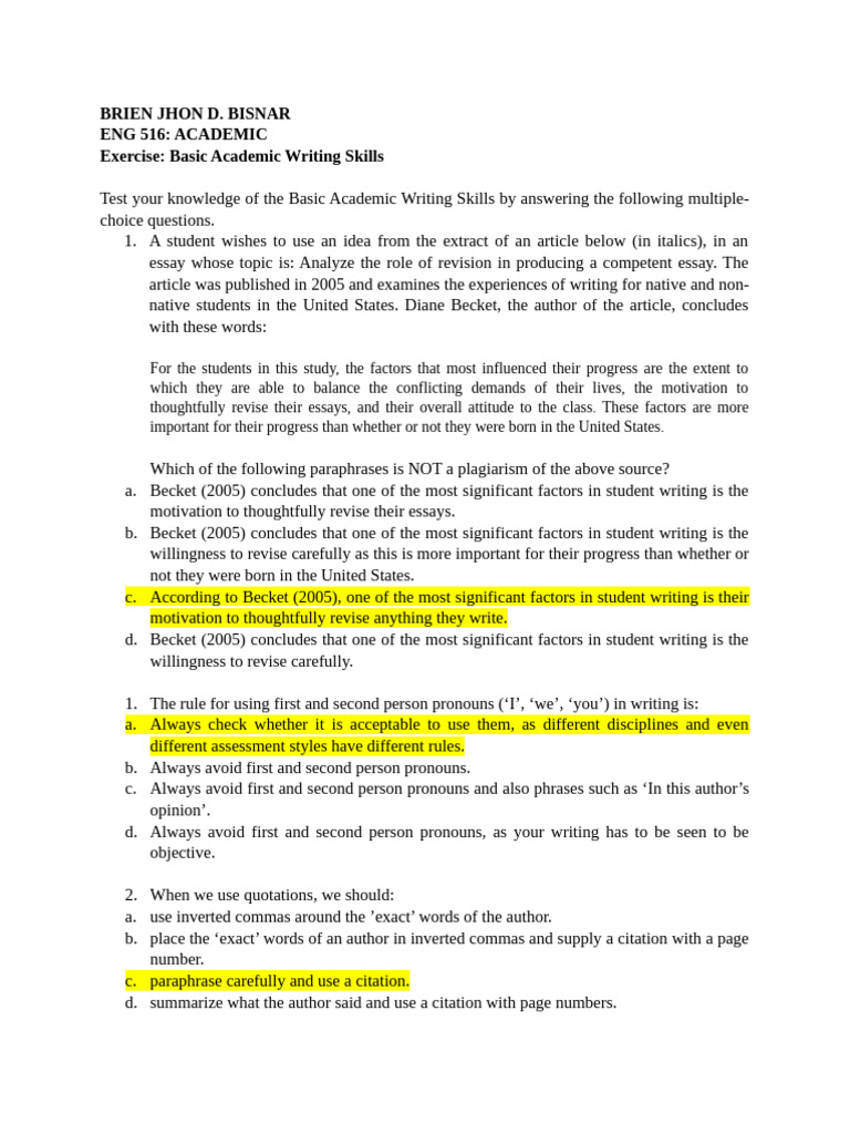 Academic Writing Skills Assessment Quiz | PDF | Citation | Essays