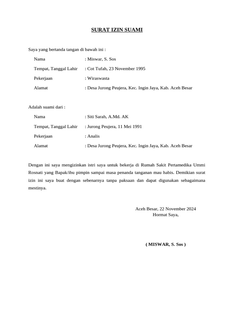 Surat Izin Suami untuk Istri Bekerja | PDF