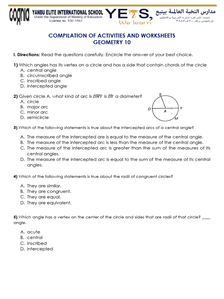 Geometry 10: Activities & Worksheets | PDF | Circle | Angle