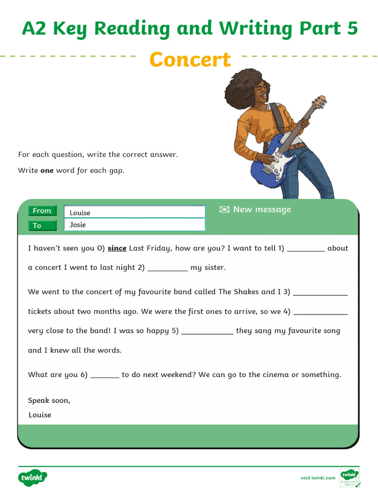 T e 1685437650c Esl A2 Key Reading and Writing Part 5 Worksheet Concert ...