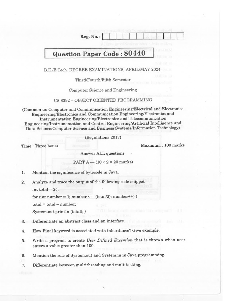 Cse Am 2024 Cs 8392 Object Oriented Programming 980034523 80440 Pdf