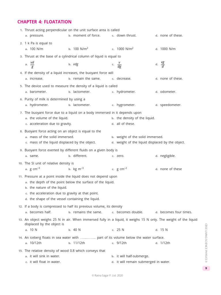 CBSE Phy 9 MCQ Bank Pages | PDF | Buoyancy | Sound