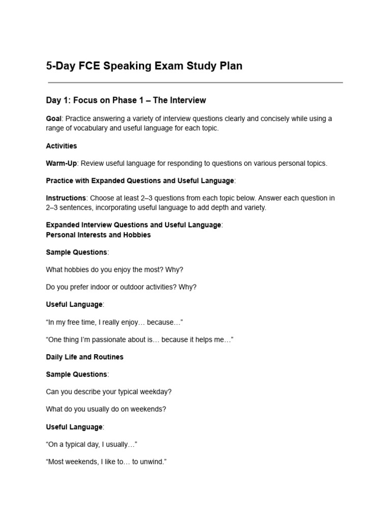 5-Day FCE Speaking Exam Study Plan With Daily Recording | PDF | Simulation | Fluency