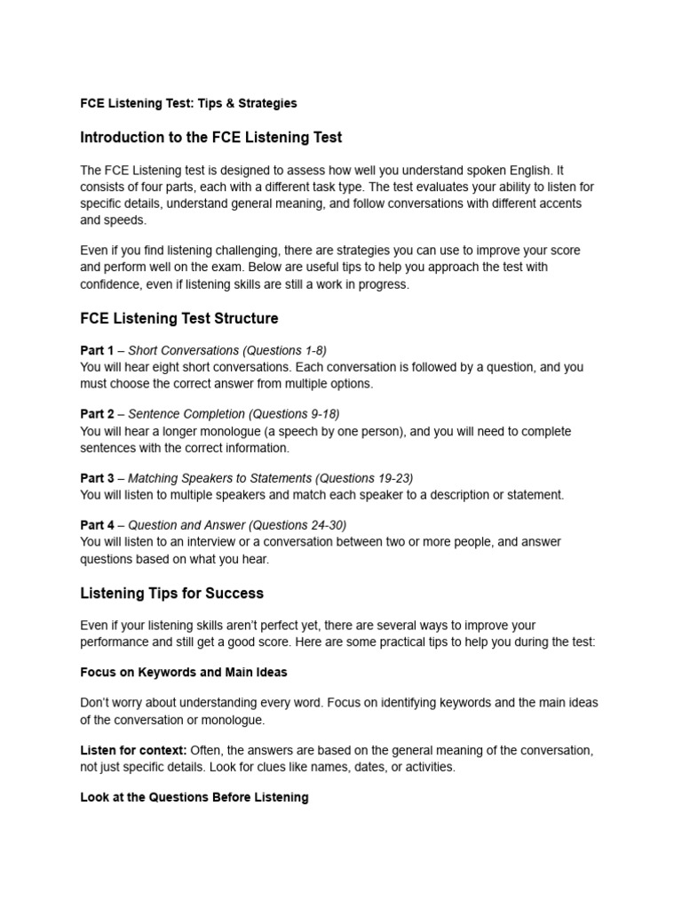 FCE Listening Test - Tips & Strategies | PDF | Question | Conversation