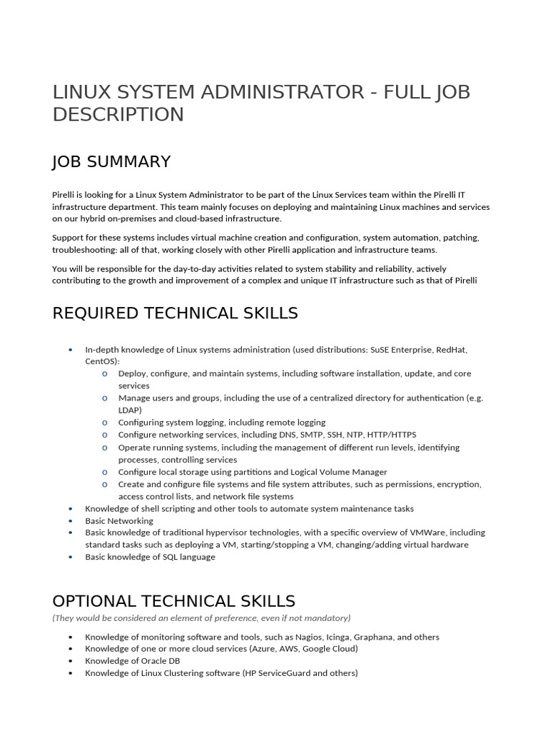 Linux System Administrator - Pirelli JD - Update v2 | PDF | Cloud Computing | Linux