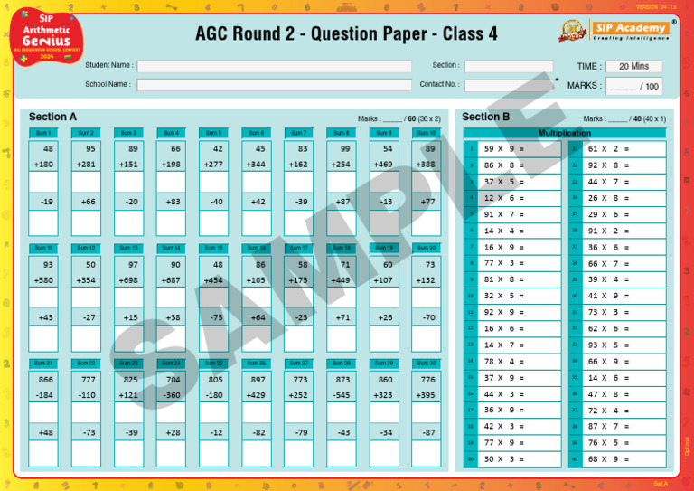 Class 4 Math Contest Sample Paper | PDF | Teaching Methods & Materials