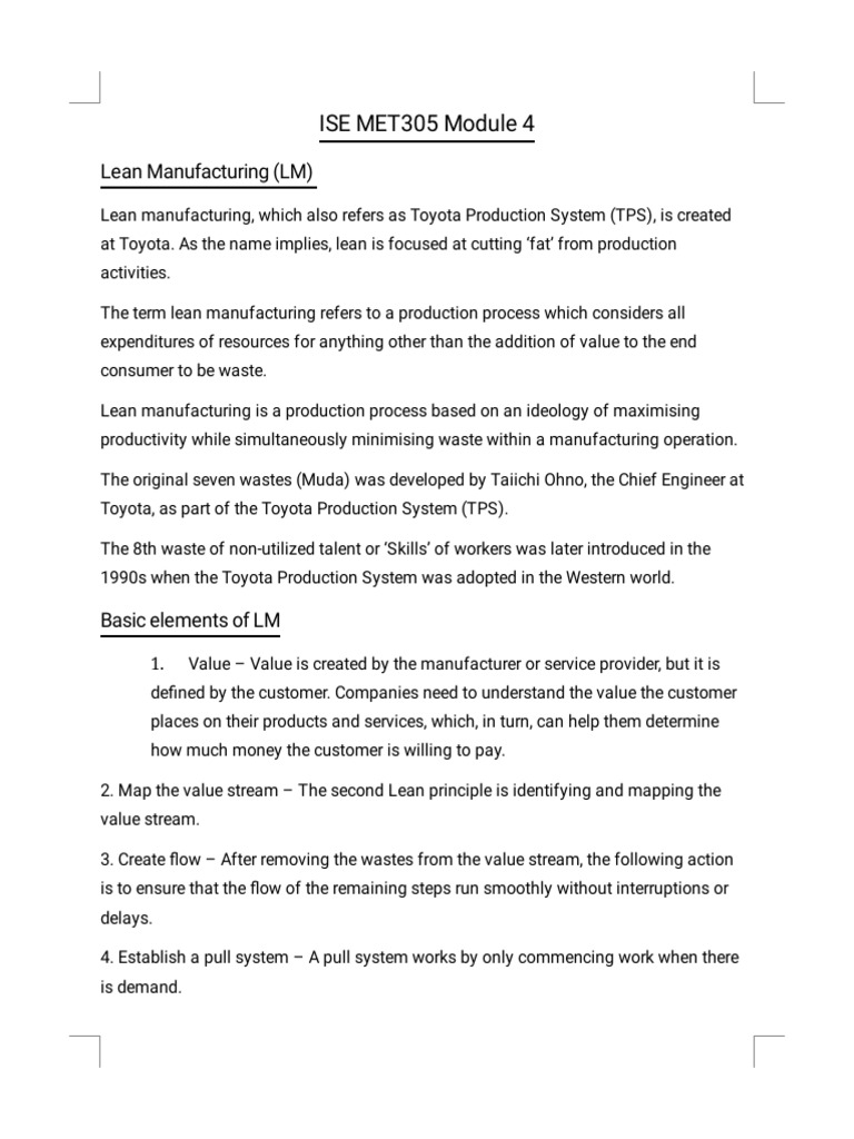 Notes - IsE MET305 Module 4 | PDF | Lean Manufacturing | Business Economics