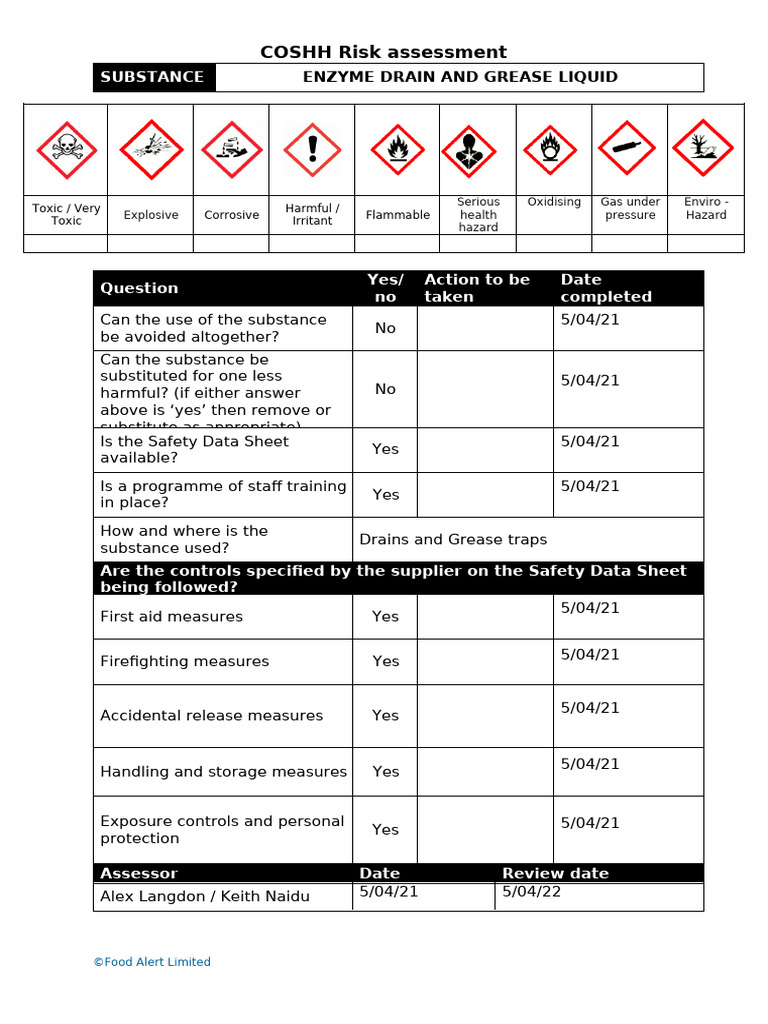 COSHH Risk Assessment for Enzyme Drain Cleaner | PDF | Toxicity | Safety