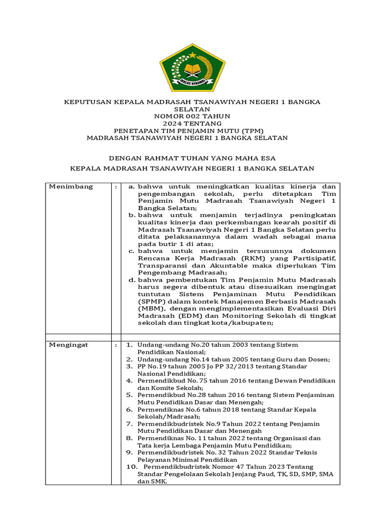 SK Penjamin Mutu KEPUTUSAN KEPALA MADRASAH MTS NEGERI 1 BANGKA SELATAN ...
