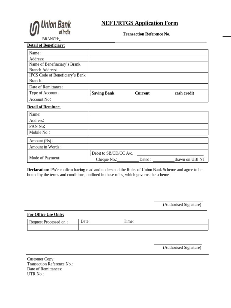 Union Bank NEFT/RTGS Form PDF | PDF