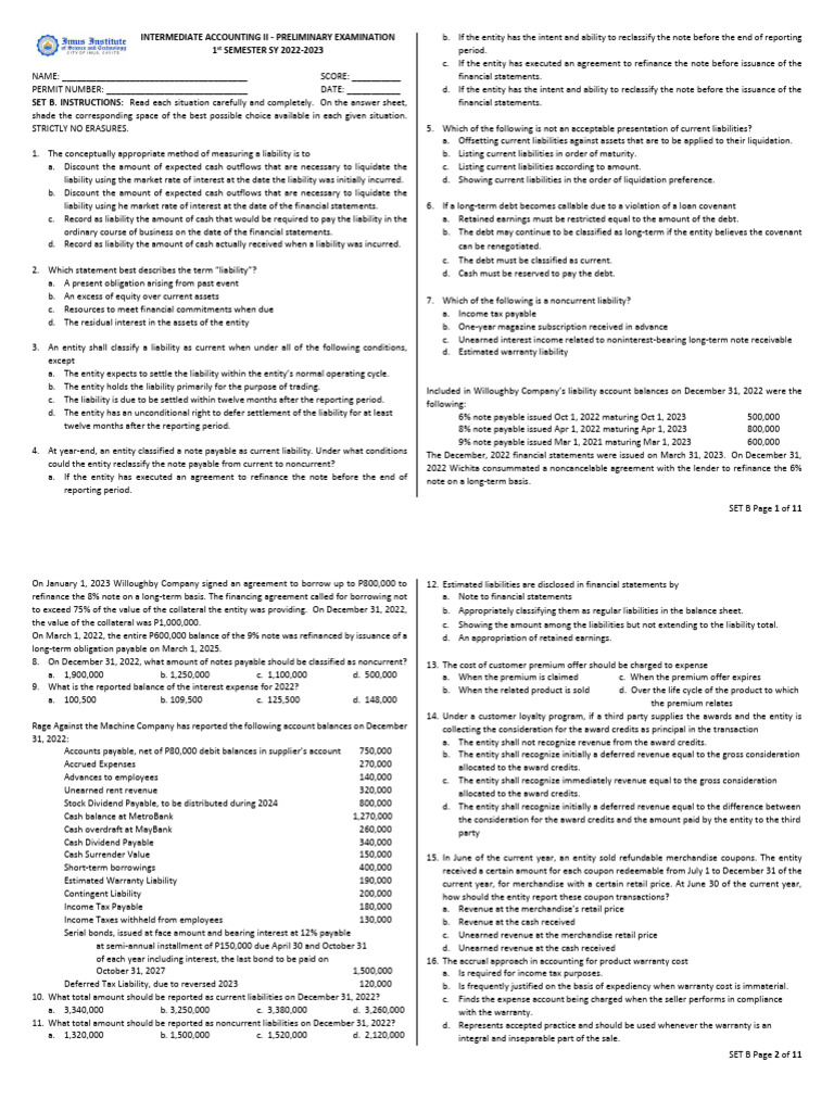 IA2 Prelim Exam 2022 Manu SET B | PDF | Bonds (Finance) | Revenue