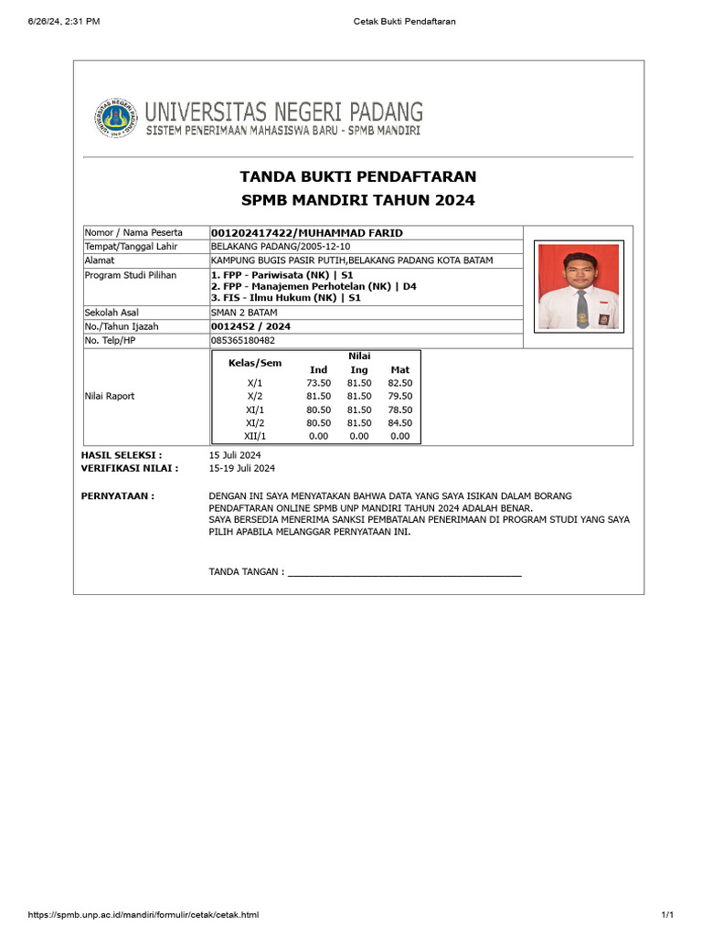 Cetak Bukti Pendaftaran UNP | PDF