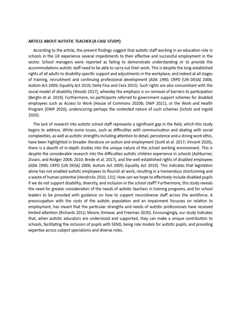 Austistic Teacher A Case Study | PDF | Autism Spectrum | Disability