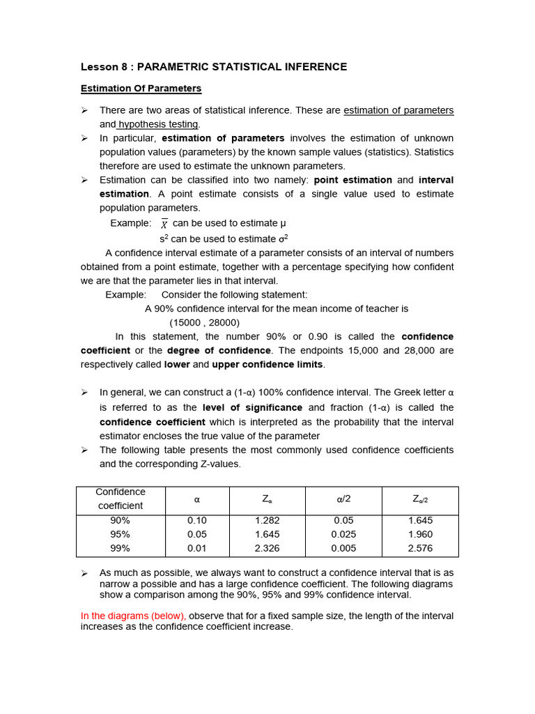 Lesson 8 Parametric Statistical Inference | PDF | Technology & Engineering