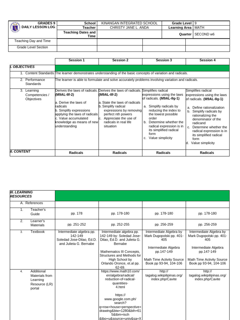 DLL WK 15 LC 2425 | PDF | Mathematics | Algebra