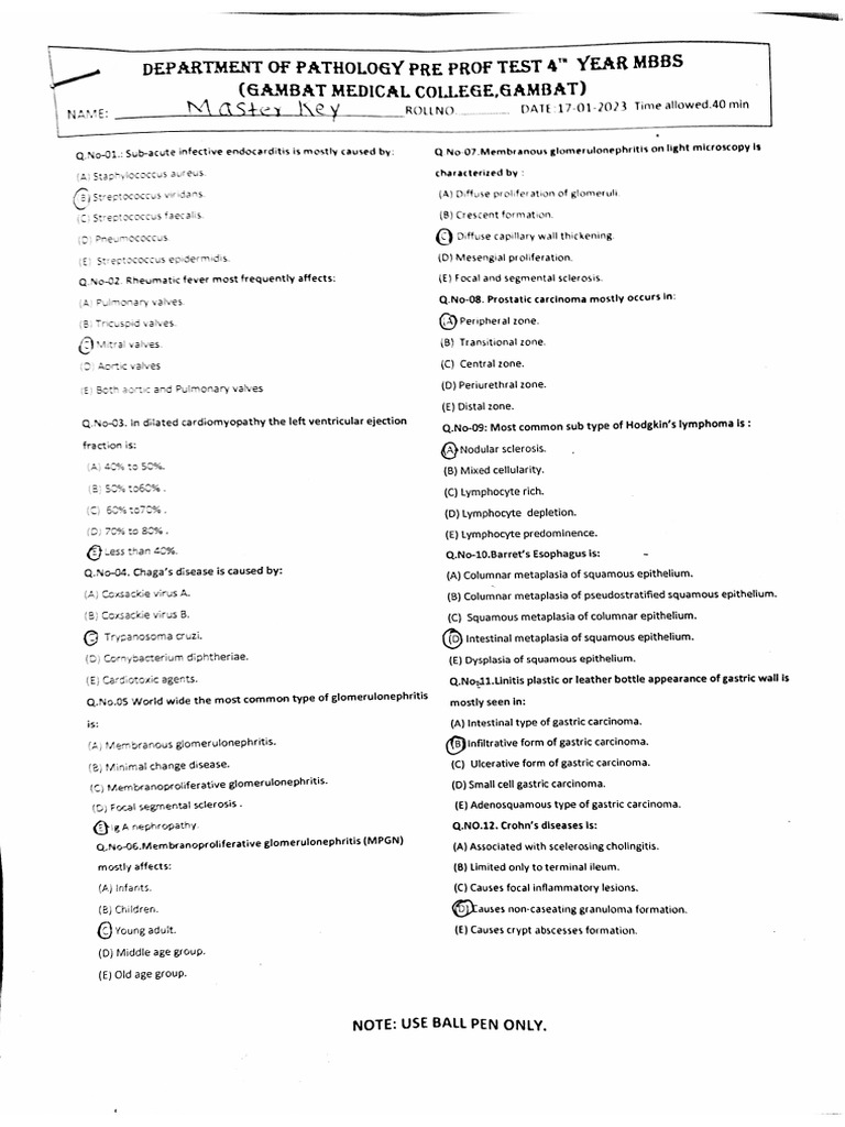 Master Key Pathology Pre Prof Test | PDF
