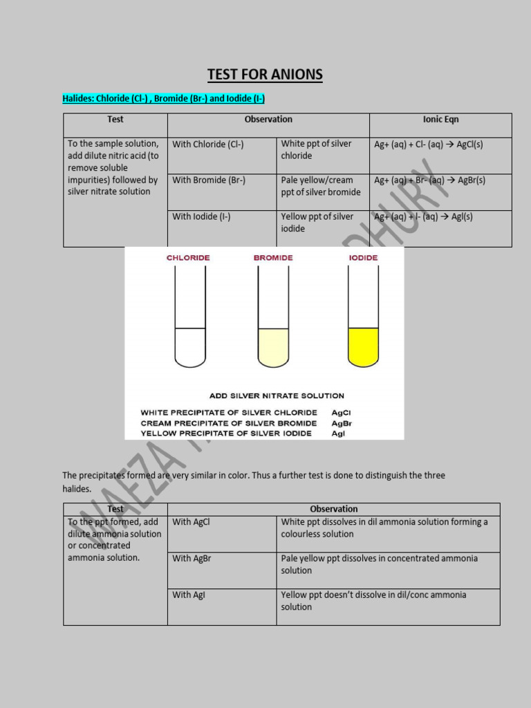 Anion Tests: Halides and Carbonates | PDF | Chemical Substances ...