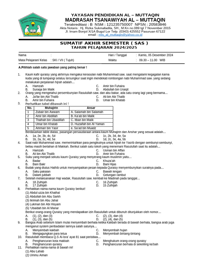 Format Soal SAS 2024 SKI 7 | PDF | Sejarah | Agama & Spiritualitas