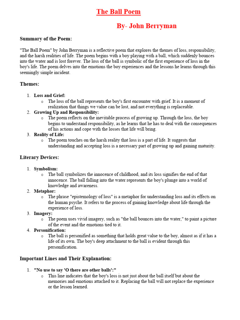 The Ball Poem Notes (1) | PDF | Grief | Experience