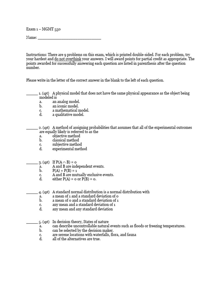 Exam 1 MGMT 550 Fall 2024 | PDF | Normal Distribution | Standard Deviation