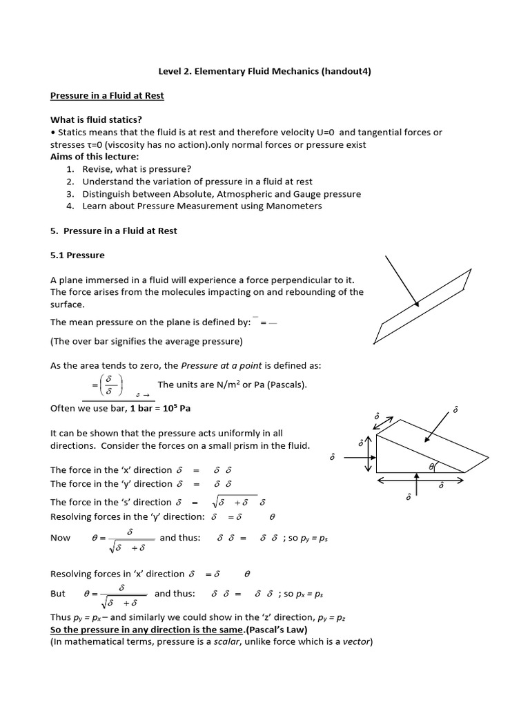 Elementary Fluid Mechanics .Handout 4 | PDF | Pressure Measurement | Pressure
