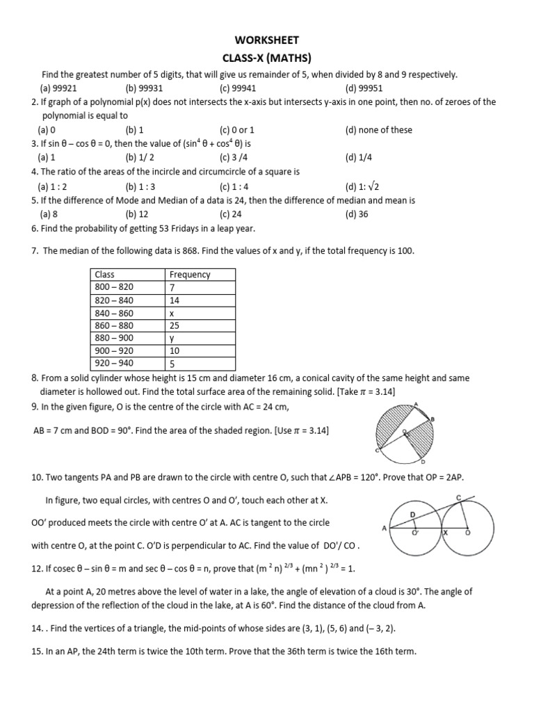 WORKSHEET CLASS X Pre Board | PDF | Circle | Triangle