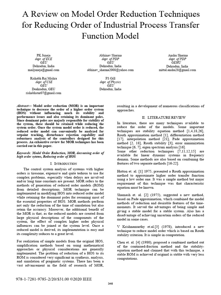 Model Order Reduction Techniques For Reducing Order Of Industrial Pr