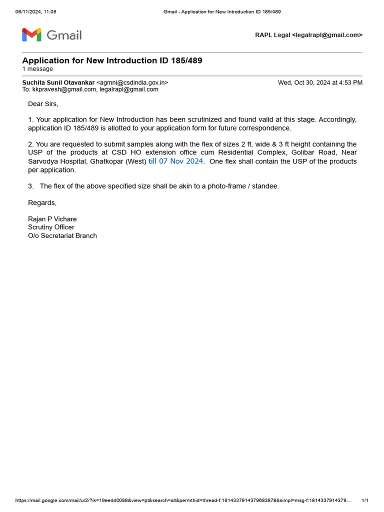 Gmail - Application For New Introduction ID 185 - 489 | PDF