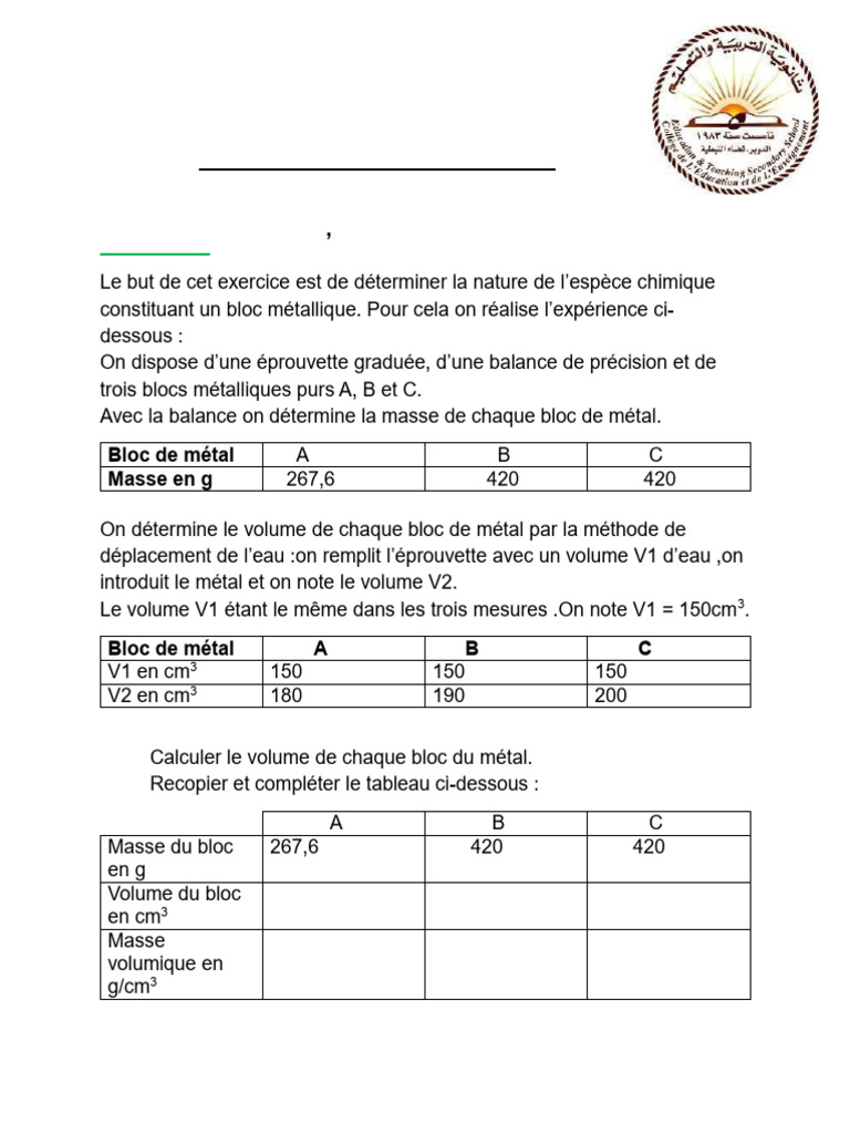 EB8 Chimie (Chap 1) Fiche 3-1 | PDF | Métaux | Masse