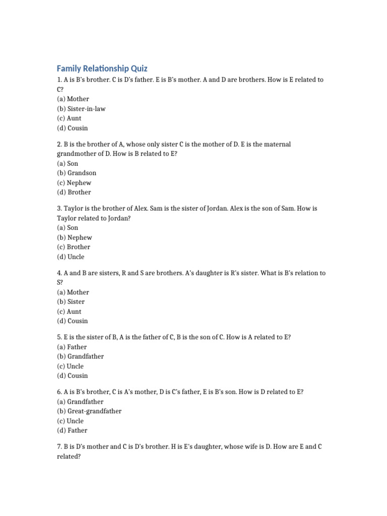 Family Relationship Quiz Questions | PDF