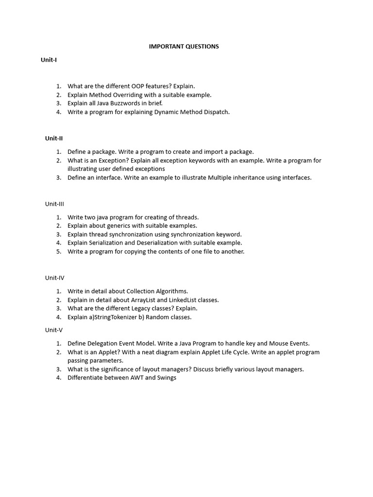 Java Important Questions | PDF | Teaching Methods & Materials | Technology & Engineering