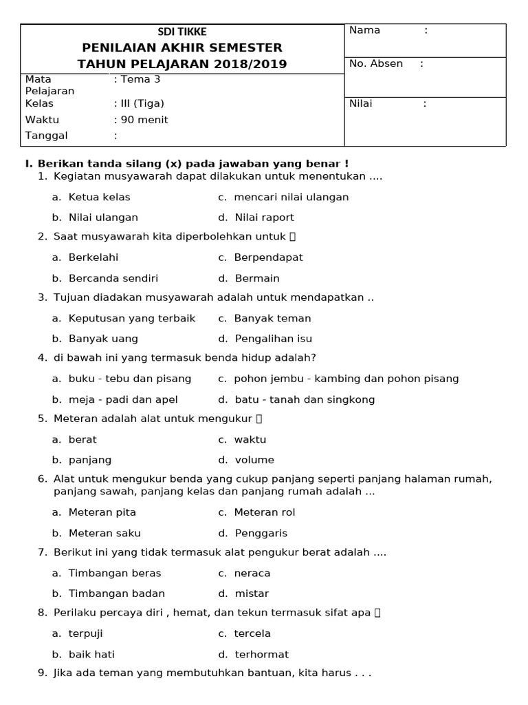 Soal Pas Kelas 3 Tema 3 | PDF