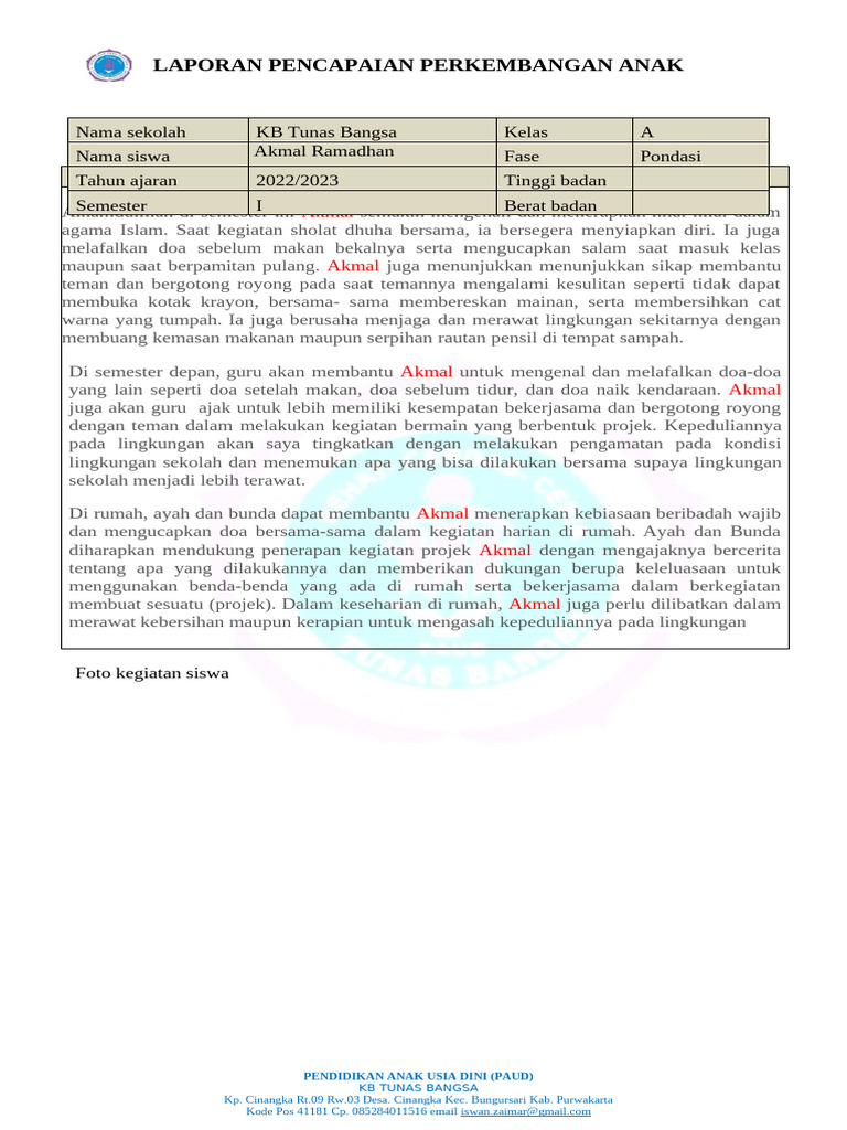 Contoh Rapot Kumer | PDF
